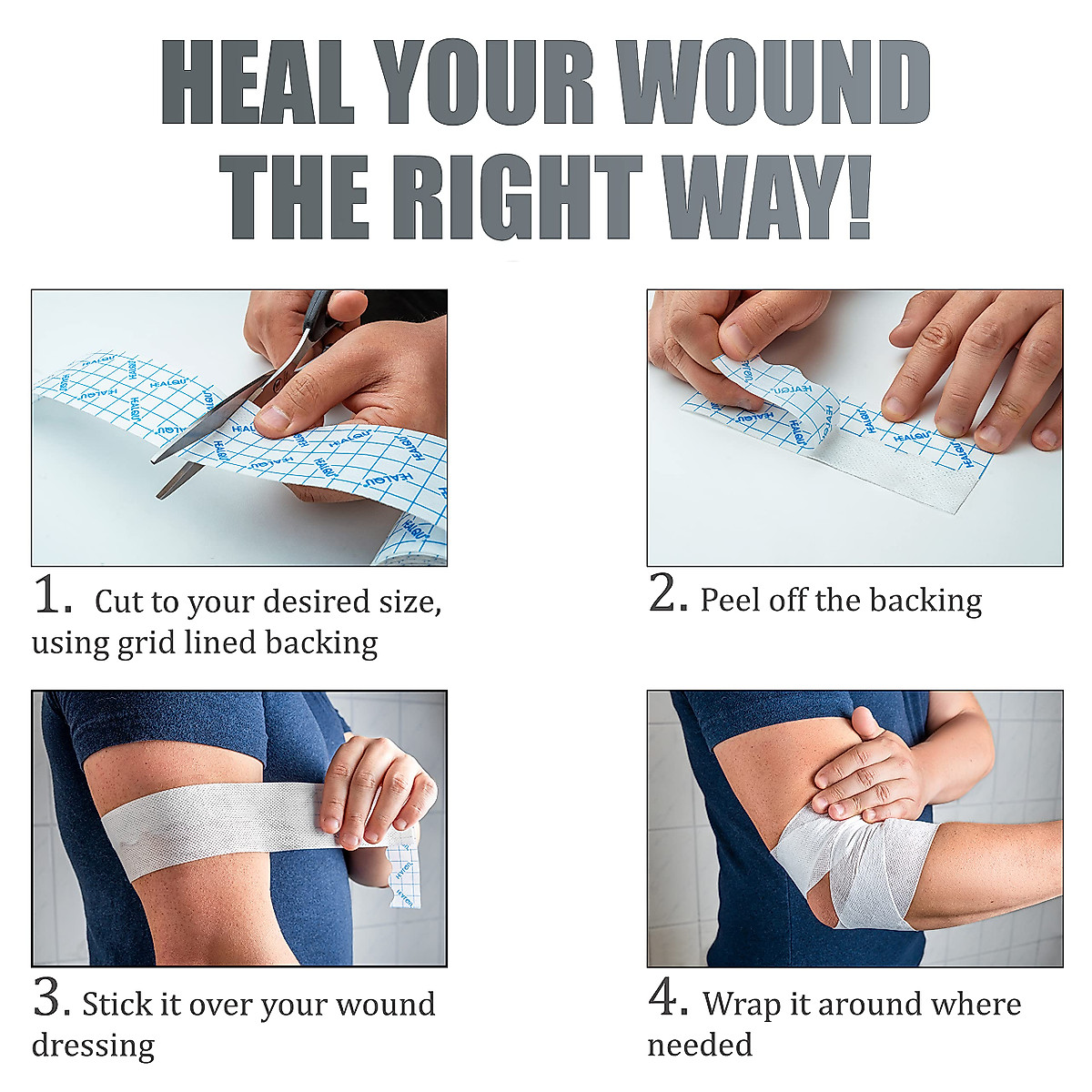 HEALQU Retention Tape Non Woven Adhesive Breathable Wear Resistent Fabric Easy Release Backing with Grid (2x11)