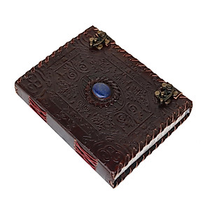 8" Leather Journal with string closure & stone Writing Pad Blank Notebook Handmade Notepad For Men & Women Unlined Paper Art Sketchbook Travel Diary To Write Book Of Shadows Refillable Grimoire Large