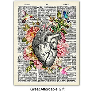Heart Anatomy Wall Art Decor Set - Vintage Rustic Shabby Chic Floral Home Decorations for Cardiac, Coronary, Cardiology Patients, Medical Office - Gift for Doctor, Nurse Cardiologist - 8x10's UNFRAMED