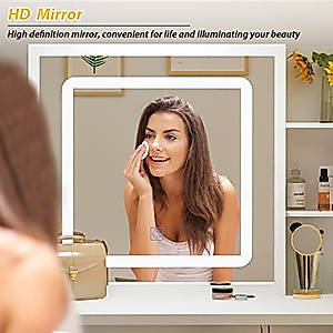 AIEGLE Large Vanity Desk Set with Sliding Lighted Mirror, Makeup Dressing Table with Hidden Shelves & Cushioned Stool, White - Sliding Lighted Mirror