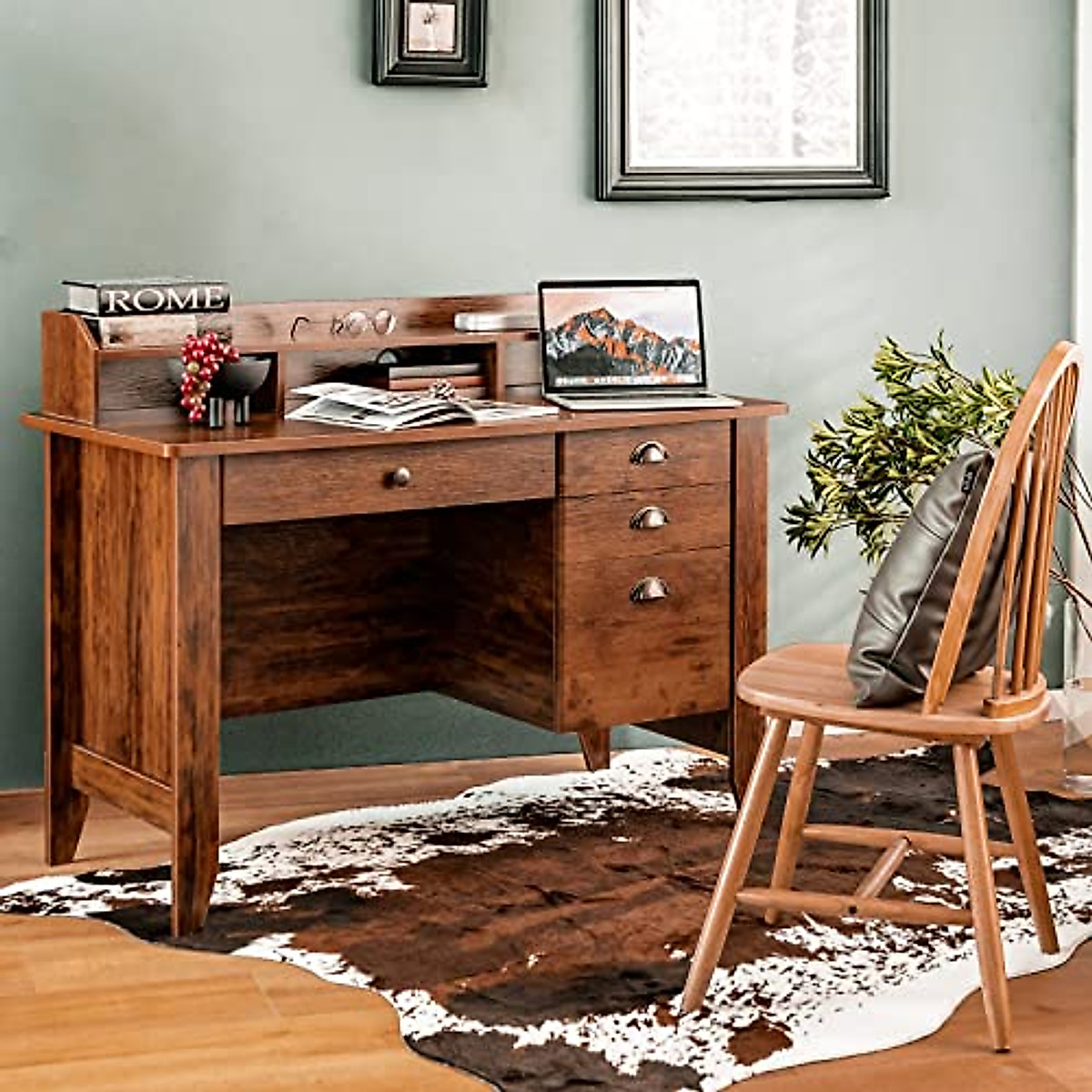 Tangkula Computer Desk with 4 Storage Drawers & Hutch, 48" Home Office Desk Vintage Desk with Storage File Drawer & Cable Management Hole, Wooden Executive Desk Writing Study Desk