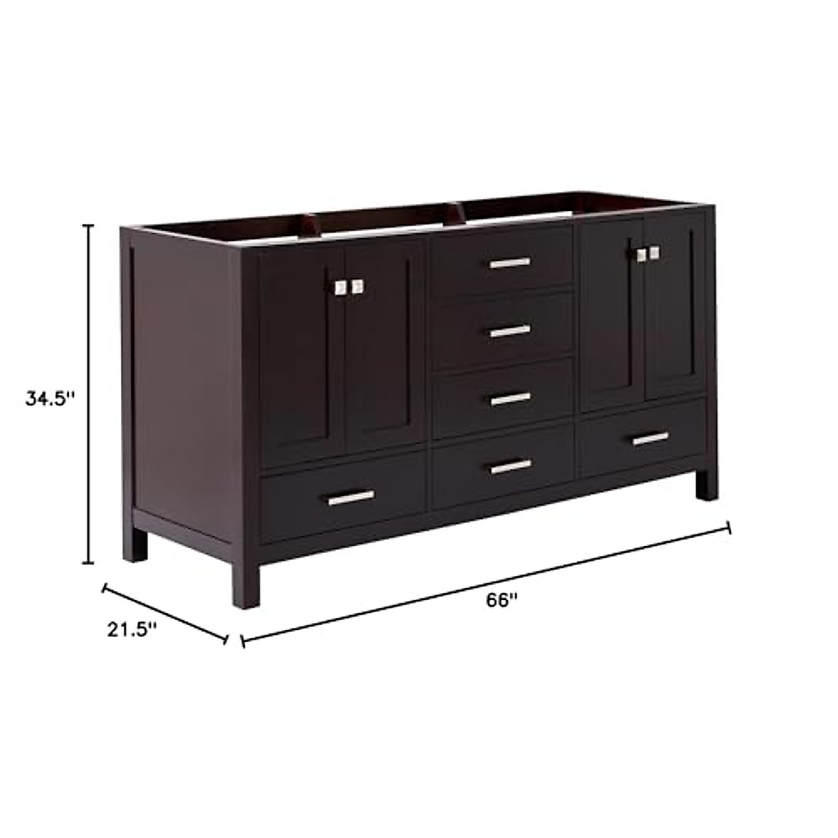 ARIEL Bath Vanity Base Cabinet 66" Inch in Espresso, Dual Sink Configuration, 4 Soft Closing Doors, 6 Full Extension Dovetail Drawers, Brushed Nickel