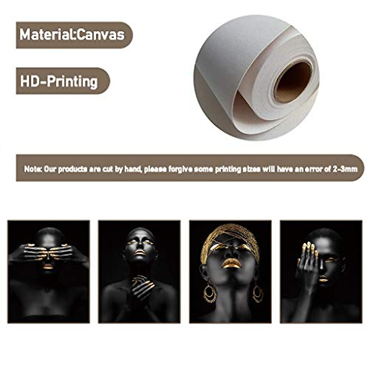 African American Wall Art Painting Black Woman Fashion Pop Gold Earrings Necklace Black Set of 4 (8”X10” Canvas Picture) Pretty Girl Room Poster Art Painting Bedroom or Room for Home Decor No Frame