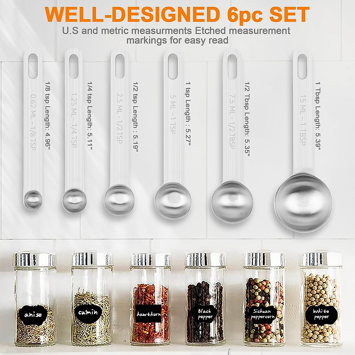 Sieqioor Durable Stainless Steel Metal Measuring Spoons Set for Dry or Liquid, Small Tablespoon, Teaspoons, Set of 7 Including Leveler, Etched Markings and Removable Clasp, Fits in Spice Jar