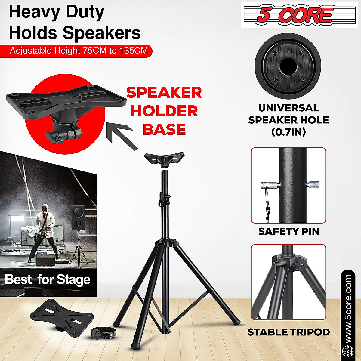5 Core Speaker Stand Tripod Floor Adjustable Up to 60 Inch DJ Studio Monitor Stands Pole Mount - SS HD 1PK 5FT