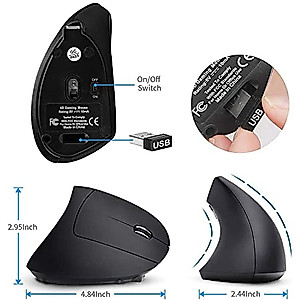 shoplease Rechargeable Wireless Vertical Mouse, 2.4G Wireless Ergonomic Optical Mouse with 3 Adjustable 800/1200 /1600 DPI, Suitable for Big Hands