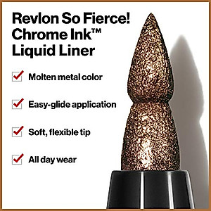 Revlon So Fierce! Chrome Ink Liquid Eyeliner, Longlasting Bold Metallic Pen Liner with Dip Ink Cap for Pearl, Shimmer Blend, 902 Bronzage, 0.03 oz.