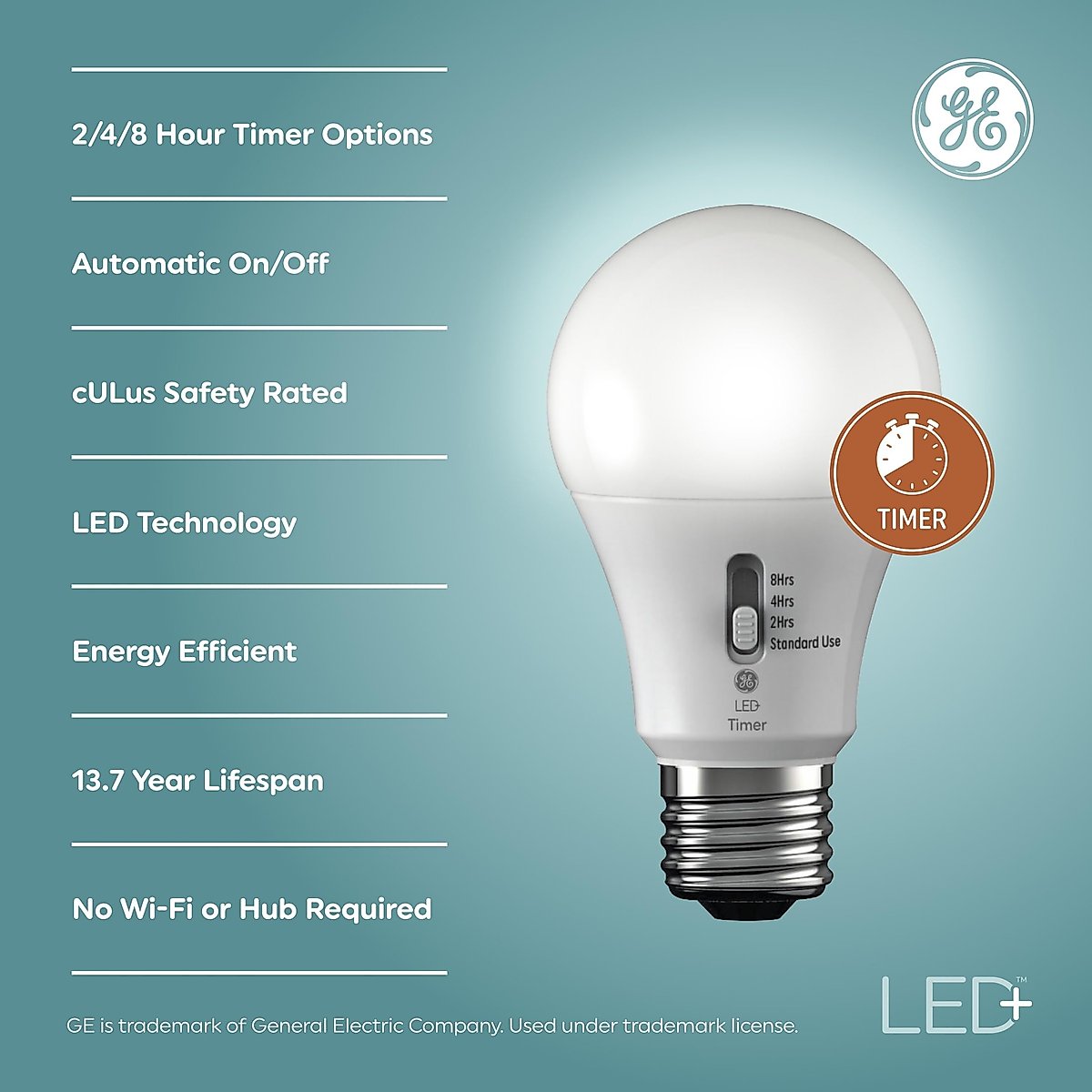 GE LED+ Timer A19 LED Light Bulbs, Built-in Automatic Indoor Timer Light, 8W, Soft White (1 Pack)