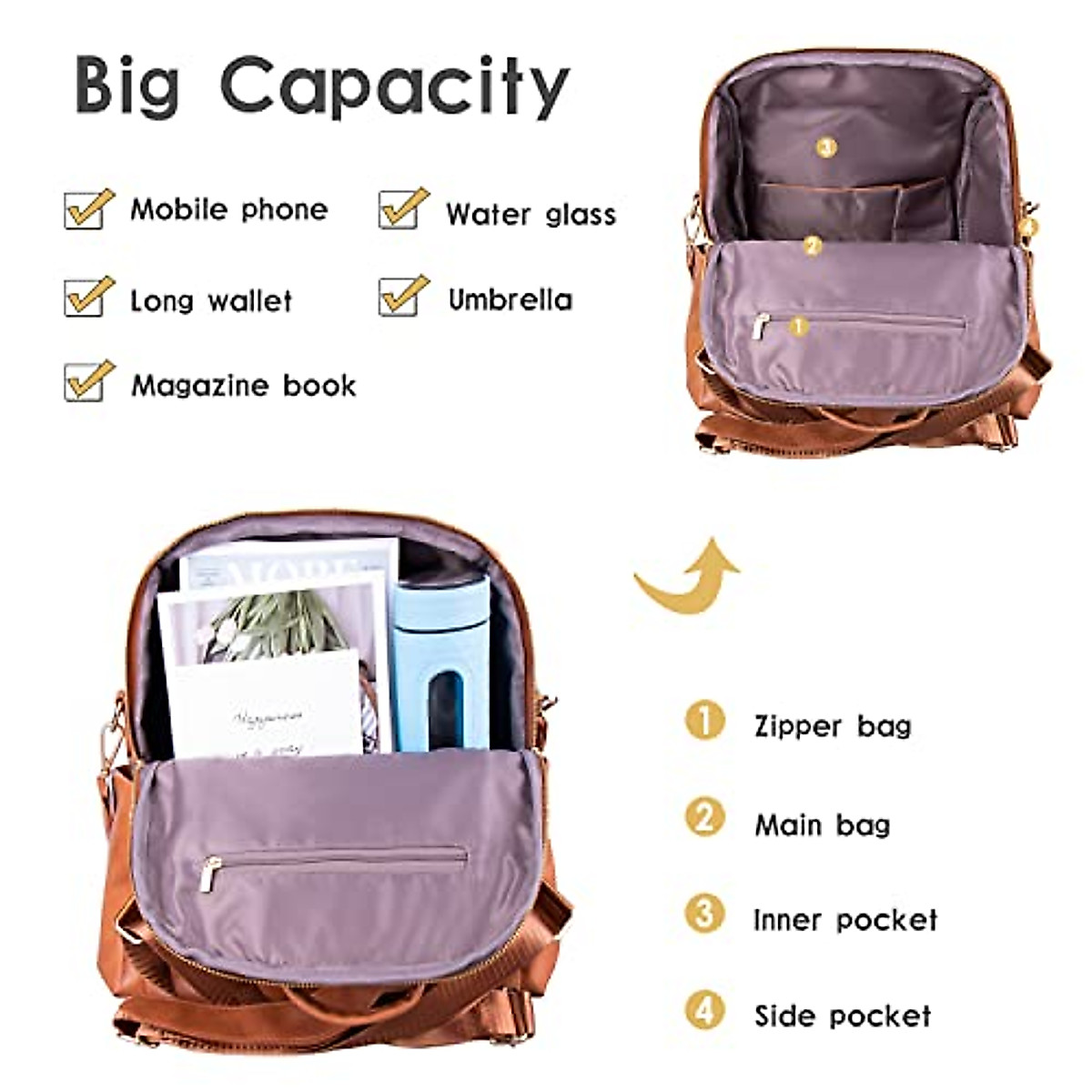 NINEBLUE Women's Backpack, Ladies Fashion Multipurpose Leather Travel Bag with Wallet, Convertible Single Room and Double Shoulder PU Bag