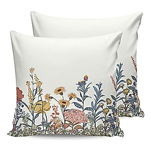 Outdoor Pillow Covers 18 x 18 Inches, Fall Wild Flowers Waterproof Throw Pillow Cover Set of 2, Rustic Autumn Botanical Leaves Home Decorative Square Cushion Covers for Patio/Tent/Couch/Garden