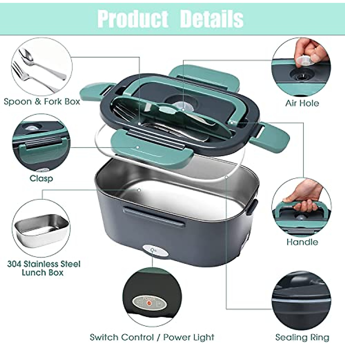 Vegoran Electric Lunch Box Food Heater,2 in 1 Portable Faster Food Warmer with 1.5L Removable Stainless Steel Container for Car/Truck/Home Work Adults, 12v/24v/110v/60w (Dark Green)