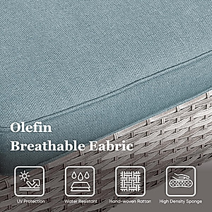 HUMMUH Outdoor Chairs PE Wicker Patio Dining Chairs Set of 2 Metal Frame Porch Chairs with 4 inch Seat Light Blue Cushions