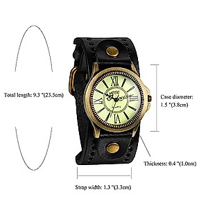Avaner Unisex Punk Retro Bronze Round Dial Black Wide Leather Belt Strap Cuff Bracelet Roman Numerals Analog Quartz Wrist Watches