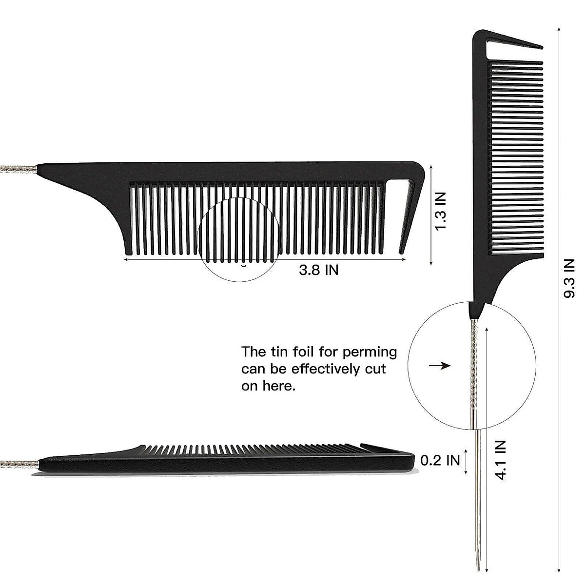 Yumflan Hair Comb, Rat Tail Comb for Braiding Hair, Fine Tooth Hair Comb with Stainless Steel Pintail for Sectioning, Parting and Styling - Black