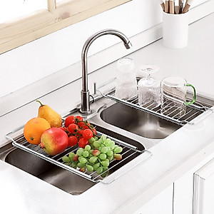 susunnus Stainless Steel Telescopic Kitchen Sink Storage Rack Caddy Sponge Holder Expandable Over The Sink Rack Organizer 4.72" x 16.14" x 0.78"