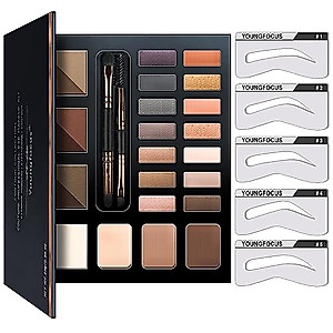 Youngfocus Eye Makeup Brow Contour Kit, 6 Waterproof Eyebrow Powders Palette Set, 5 Eyebrow Stencils,14 Highly Pigmented Eyeshadows, 3 Highlighter Contour Powders, Spoolie/Brush Duo, Eye Brow Wax - Best Gift