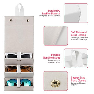 MoKo Sunglasses Organizer with 3 Slots, Foldable Travel Glasses Storage Case Holder Eyewear Display Box, White + Beige
