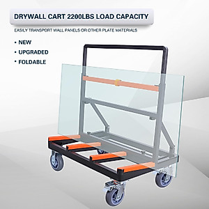 Upgrade Folding Drywall Cart Heavy Duty,Drywall Dolly with Rubber Swivel Casters,2200 lbs Load Capacity, Panel Cart Plywood Dolly Handling Sheetrock Plywood Glass Door and Windows Service Cart