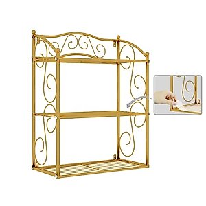 YADOOLIFE Metal Wire Wall Shelf Unit, 3-Tier Wall Mounted Gold Floating Shelves with Liners, Hanging/Standing Storage Shelving Rack for Pantry Bathroom Office Home Organization