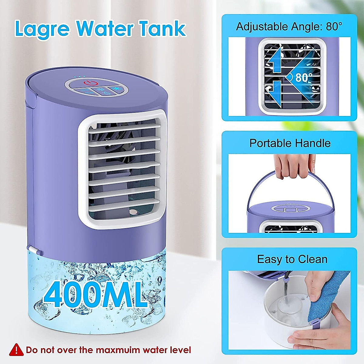 Personal Air Cooler, Portable Air Conditioner Fan, Small Space Evaporative Air Cooler with Timing, 3 Speeds Quiet Humidifier Misting Fan, Desktop Cooling Fan for Room, Home, Office, Dorm