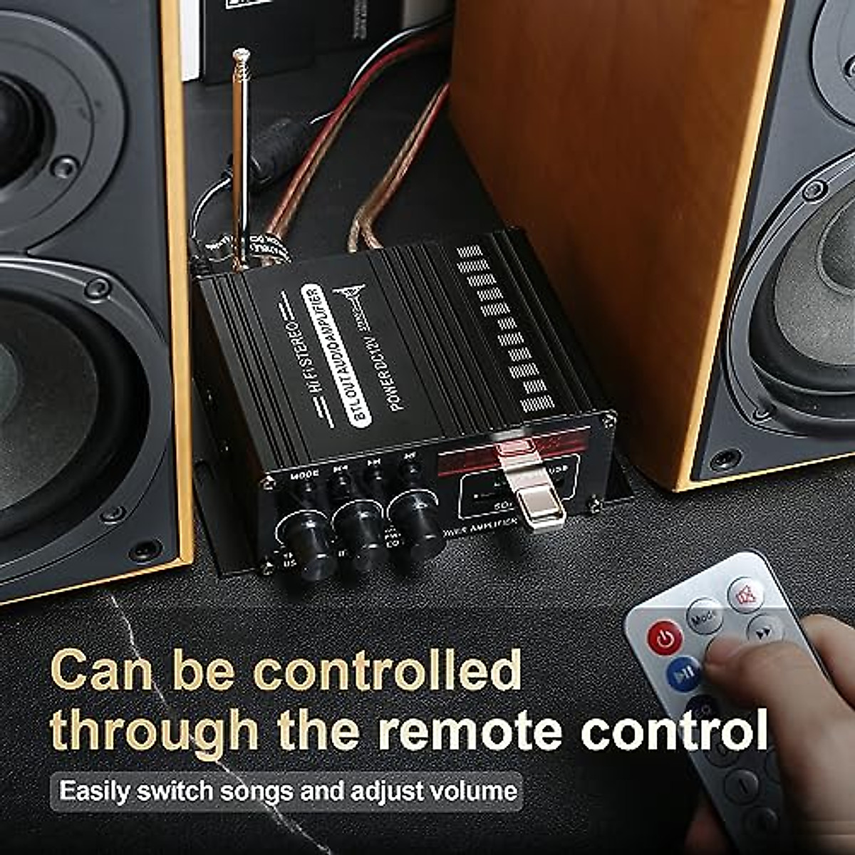 AK-370 Bluetooth Audio Amplifier with 12V/5A DC Power Supply,2.0 Channels Bluetooth Amplifier Supports Bluetooth/RCA/USB Flash Drive/SD Card Input and FM Function