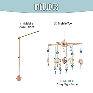 BlueMello Starry Night Baby Mobile Toy and Mobile Arm Holder 2 in 1 Set for Crib | Wooden Beads and Stars Bed Hanger for Boys and Girls | Hanging Nursery Decor for Bassinet | Perfect Baby Shower Gift
