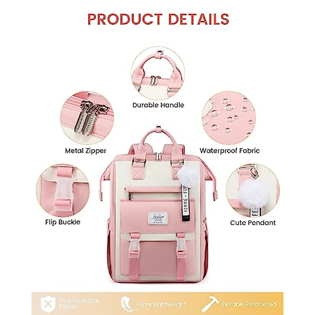 LOVEVOOK Laptop Backpack for Women,15.6 Inch College Backpack,Light Weight Travel Backpack Waterproof Casual Daypack Computer Backpack fits Travel Work Casual（15.6 inch,Pink&Beige）