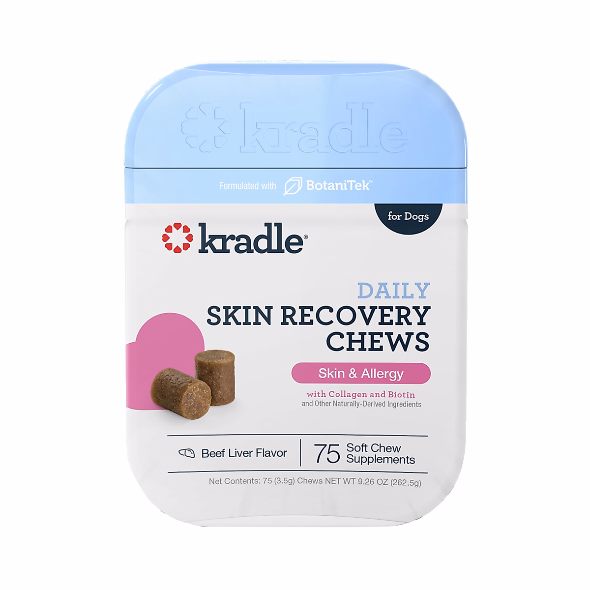 Kradle Daily Skin Recovery Chews - Skin Health Chews & Seasonal Allergy Support for Dogs - Soft Chews with Soothing Ingredients - for All Dog Breed & Sizes - 75 Count Jar
