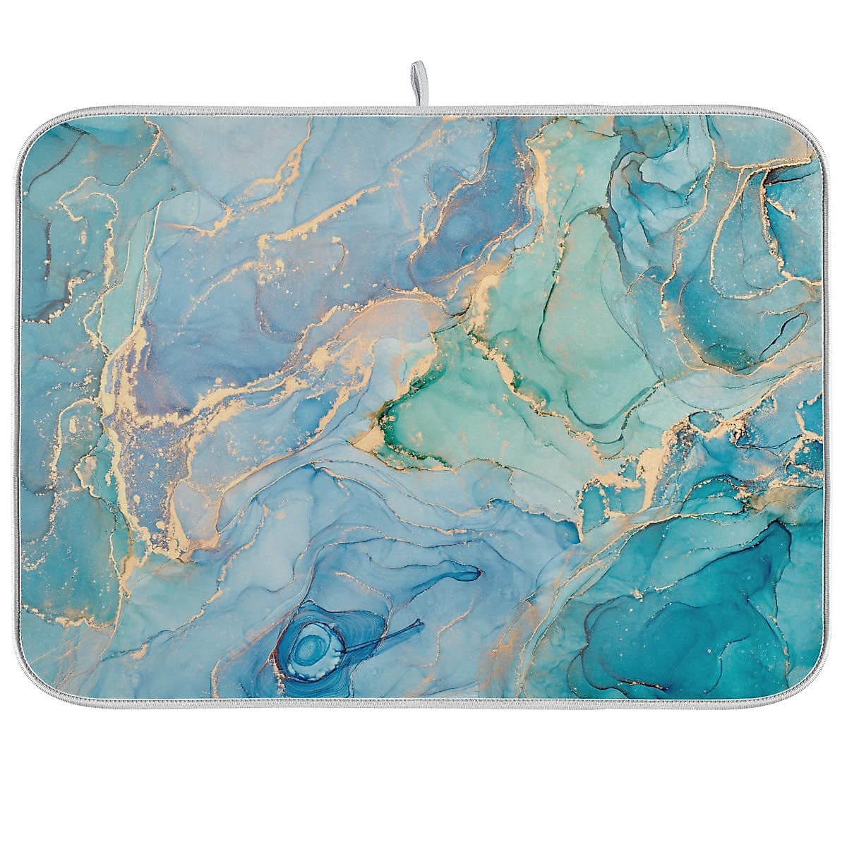 Marble Dish Drying Mat for Kitchen Counter Blue Teal Turquoise Gold Drying Mat 18 x 24 Inch with High Absorbent Reversible Microfiber Dish Drying Pad Dish Rack Pad Drainer Mat for Coffee Bar