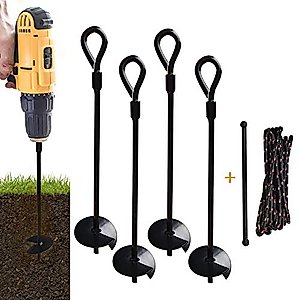 MIXXIDEA 15 inch 4 Pack Ground Anchor Stakes, Dual-Purpose Heavy Duty Metal Earth Augers for Tents, Canopies, Trampoline Sheds, Car Ports, Swing Sets, Small Buildings (Black-4 Pack)