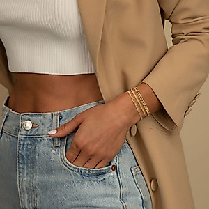 Foxgirl Dainty Gold Bracelets for Women, 14k Gold Plated Layered Bracelets Simple Cute Gold Herringbone Cuban Chain Bracelets for Women Aesthetic Jewelry Gifts