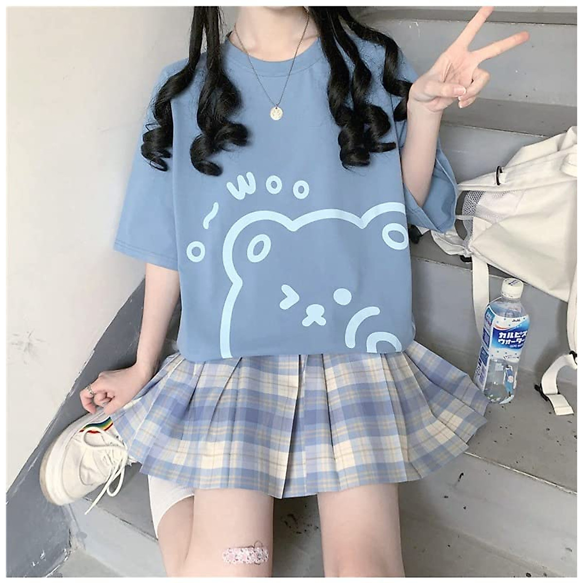 Tyadorw Women's Aesthetic Kawaii Bear Graphic Tee - Japanese Streetwear Harajuku Oversized T-Shirt (Blue, Medium)