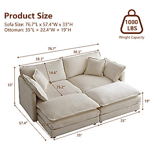 Suheww Modern Loveseat 2-Seater Sofa Couch Deep Seat Sectional Cloud Sofa, Modern Deep Seat Comfy Couch with Ottomans, 76.7" Modular Sectional Sofa Chenille Loveseat for Living Room Small Space