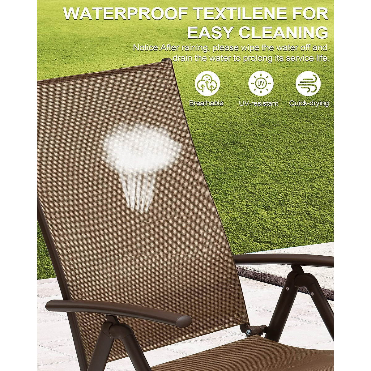 Crestlive Products Chaise Lounge Chair Outdoor Set of 2, Aluminum Folding Patio Recliner Chair, Adjustable 8 Positions Assemble-Free Perfect for Beach, Yard, Pool, Deck (Brown)