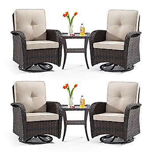 Gardenbee Patio Swivel Glider Wicker Chairs - Outdoor Swivel Rocking Chairs Set of 4 with 2 Wicker Side Tables, Patio Swivel Rocker Chair 6 Piece Patio Furniture Sets for Patio Porch Deck(Brown/Beige)
