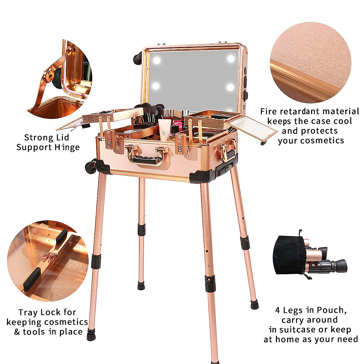 Jula Vance Medium Makeup Train Case with Code Lock, Lighted Mirror, Speaker Travel Cosmetic Organizer Box, Professional Artist Trolley Studio Free Standing Case