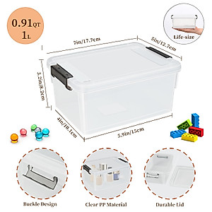 FLMOUTN 8Pcs Small Clear Storage Bin with Lid, Stackable Small Storage Bins with Secure Latching Buckles, 0.91 Qt / 1 Liter Clear Storage Boxes for Organizing Kid's Toy Crafts