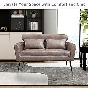 51" Faux Leather Loveseat Sofa with 2 Throw Pillows,Mid-Century Loveseat Faux Leather Sofa Couch for Small Space,Two-Seater Sofa with Metal Legs,Small Mini Room Couch for Office (Taupe)