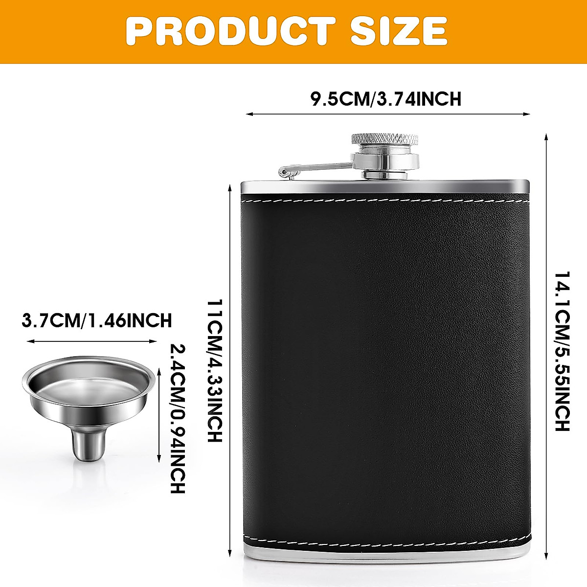 Hip Flask with Funnel, 8 oz Stainless Steel Whiskey Flask Portable Pocket Hip Flask for Men 100% Leak Proof Pocket Flask for Climbing Camping Barbecue Bar Party Drinker Black