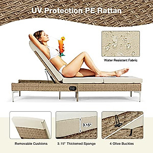 HOMREST Outdoor Chaise Lounge Chair Set of 2, Patio Wicker Lounge Chair with Pneumatic Adjustable Backrest, Rattan Pool Sunbathing Lounge Chair Suitable for Outside with Removable Cushion (Khaki)