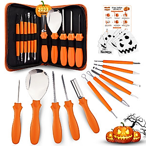 RFAQK Pumpkin Carving Kit with Stencils-23PCS Halloween Pumpkin Carving Tools and Patterns for Beginners Heavy Duty Stainless-Steel Professional set for Halloween Jack o Lantern
