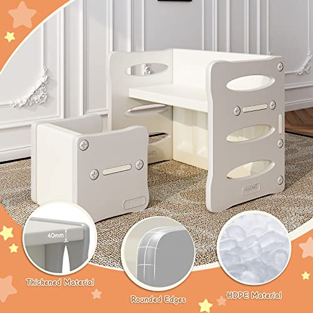 BanaSuper Kid's Table and 2 Chairs Set Plastic Activity Table for Toddlers Children Desk Ideal for Arts & Crafts Snack Time Homeschooling Homework Gift for Boy & Girl(Grey with 2 Chairs Set)