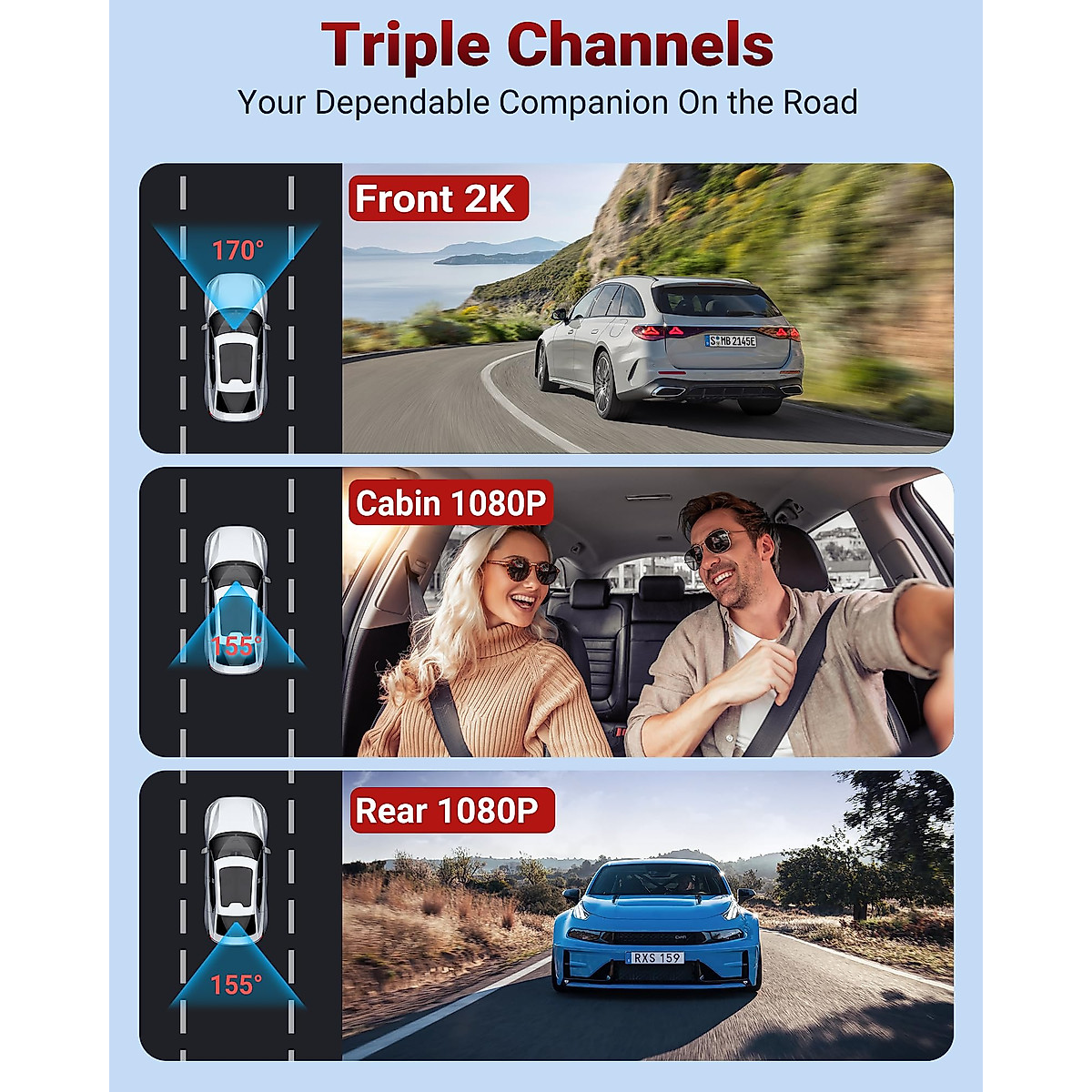 3 Channel 2K Dash Cam, 2K+1080P Dash Camera Front and Rear 360 Dual Dash Cam Built in WiFi 2K+1080P+1080P Three Way Triple Car Camera Night Vision Loop Recording Parking Monitor Support 128GB Max