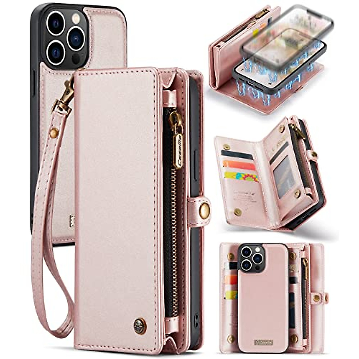 CASEME for iPhone 13 Pro Max Case Wallet Case Cover for Women Men Girls Durable 2 in 1 Detachable Premium Leather with 8 Card Holder Slots Magnetic Zipper Pouch Flip Lanyard Strap Wristlet - Rose Gold