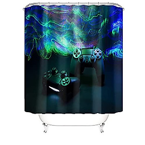Mycurer Aurora Gaming Shower Curtain Sets with Rugs for Boys,4 Pcs Modern Two Gamepads Controller Bath Curtain Sets,Durable Bathroom Sets with Gamer Shower Curtains for Kids Bathroom