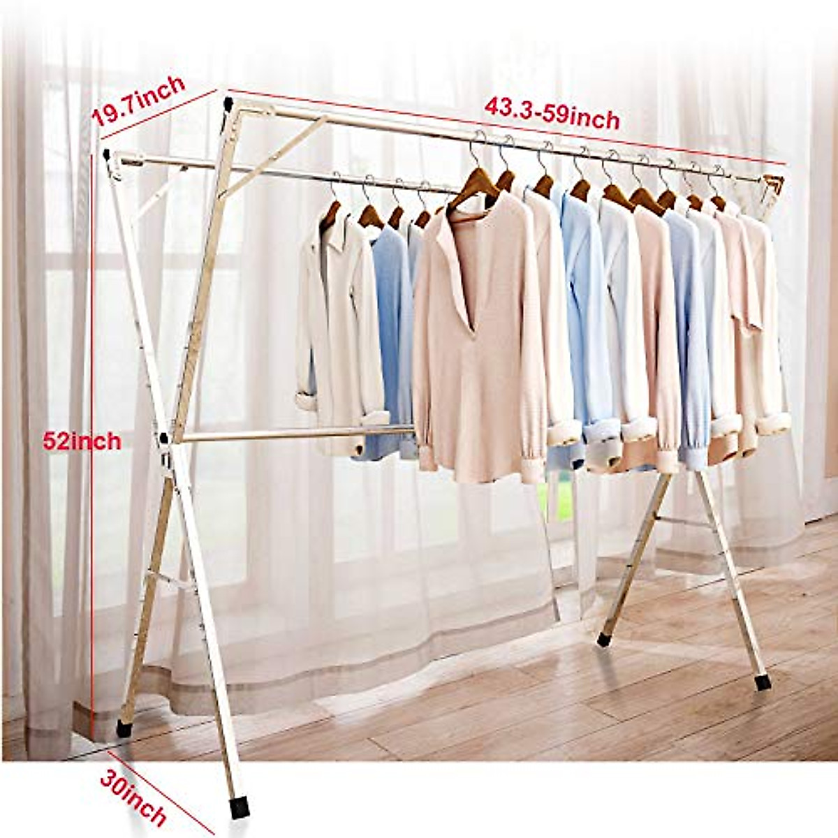 RELIANCER Free Installed Clothes Drying Rack Stainless Steel Foldable Rack Hanger Space Saving Retractable 43.3-59 inch Clothes Rack Adjustable Clothes Hanger Rolling Rack with 4 Casters & 10 Hooks