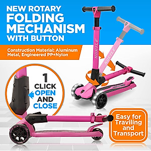 Hurtle 3 Wheeled Scooter for Kids - Foldable Stand Child Toddlers Toy Kick Scooters w/Built-in LED Wheel Lights, Anti-Slip Wide Deck, Adjustable Height, Great for Outdoor Fun -, Pink
