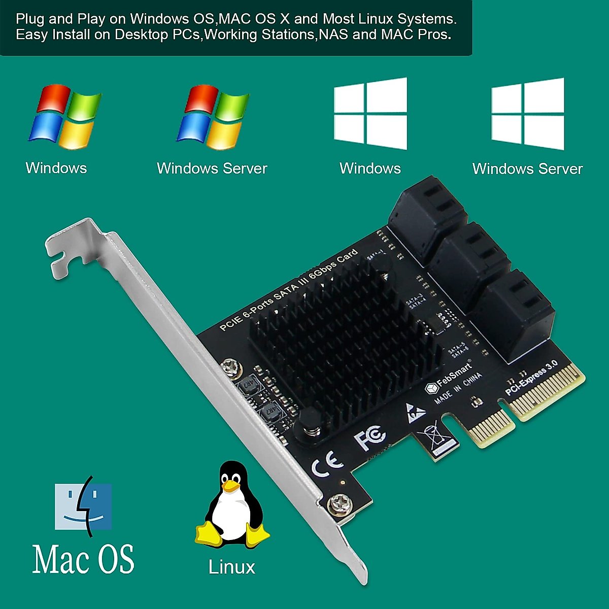 FebSmart PCIE to 6-Ports 6Gbps Max Speed SATA III Expansion Card for Desktop PCs, Plug and Play on Windows OS MAC OS Linux System, ASMedia ASM1166 None-Raid PCIE SATA III Host Controller (FS-S6-Pro)