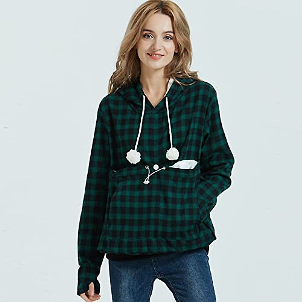 Mackneog Cat Hoodies Hoodie with Cat Pouch Hooded Loose Fitting Cat Bag Sweater Cat Pouch Plaid Puppy Pouch Winter Fall Green