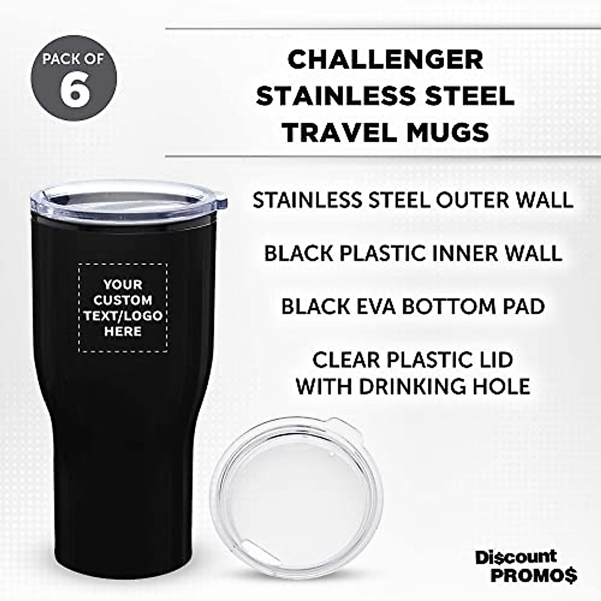 Custom Stainless Steel Travel Mugs by Challenger 28 oz. Set of 6, Personalized Bulk Pack - Perfect for Coffee, Soda, Other Hot & Cold Beverages - Black